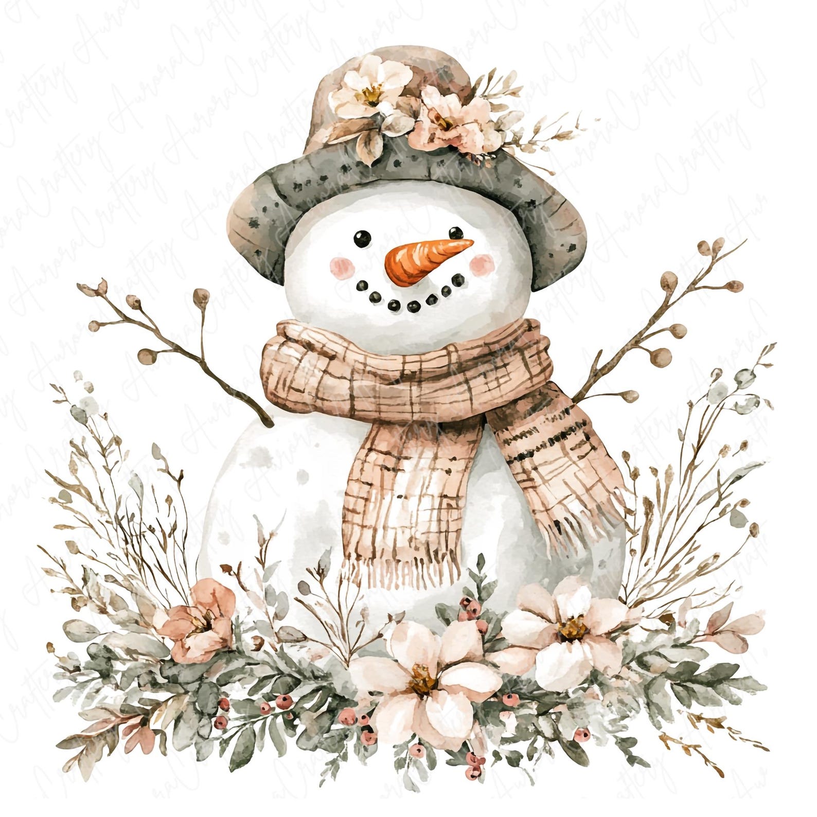 8 Winter Snowman Clipart, Festive Snowman Clipart, Cute Floral Snowman ...