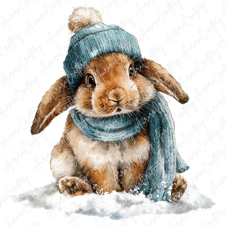 7 Watercolor Bunny Clipart, Cute Rabbits in Winter Scarves and Hats for ...