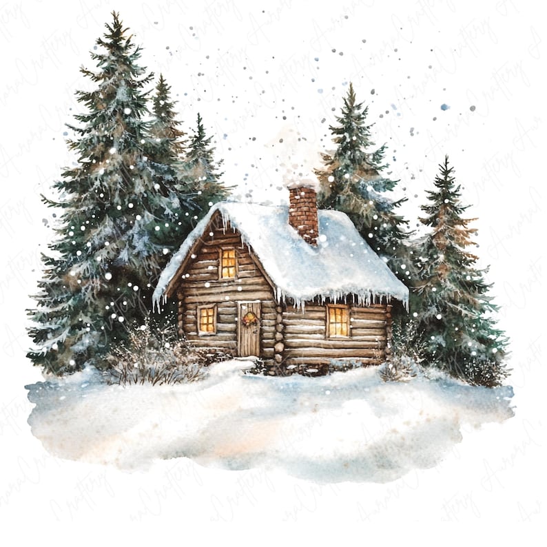 10 Watercolor Winter Cabin Clipart, Snowy Forest Cottages With Pine ...