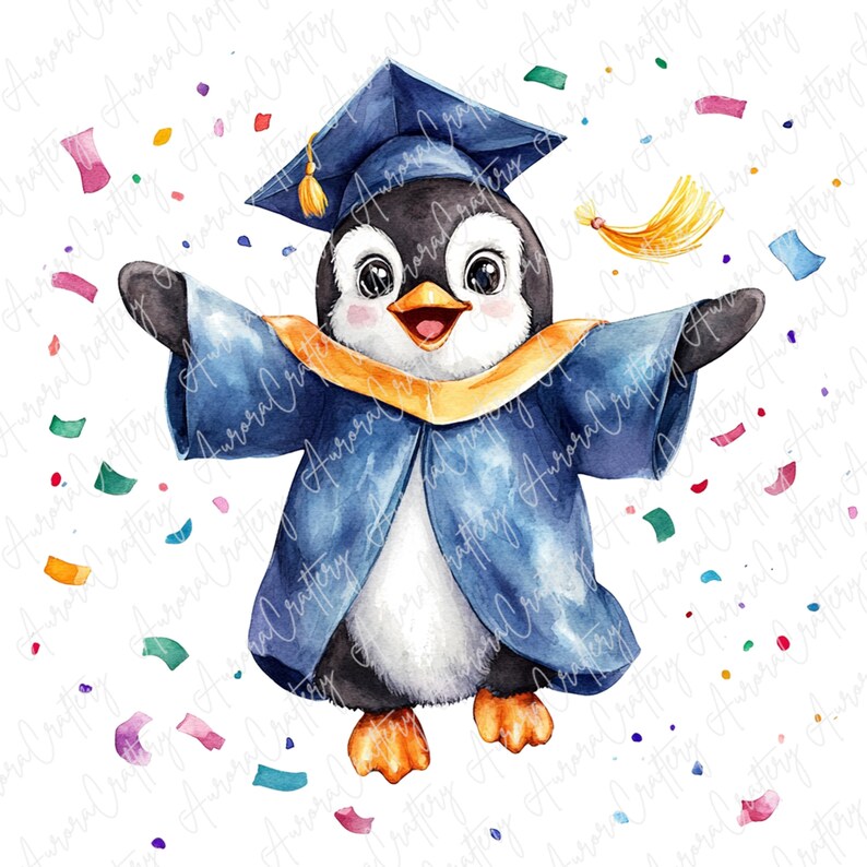 8 Watercolor Graduation Penguin Clipart, Penguins in Blue Gowns and ...