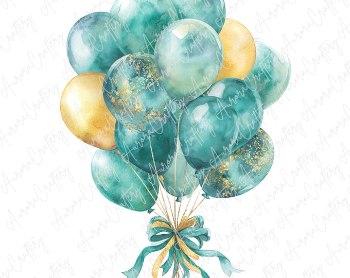 Teal and Gold Balloons Clipart, Glitter Balloon Png Digital Overlays ...