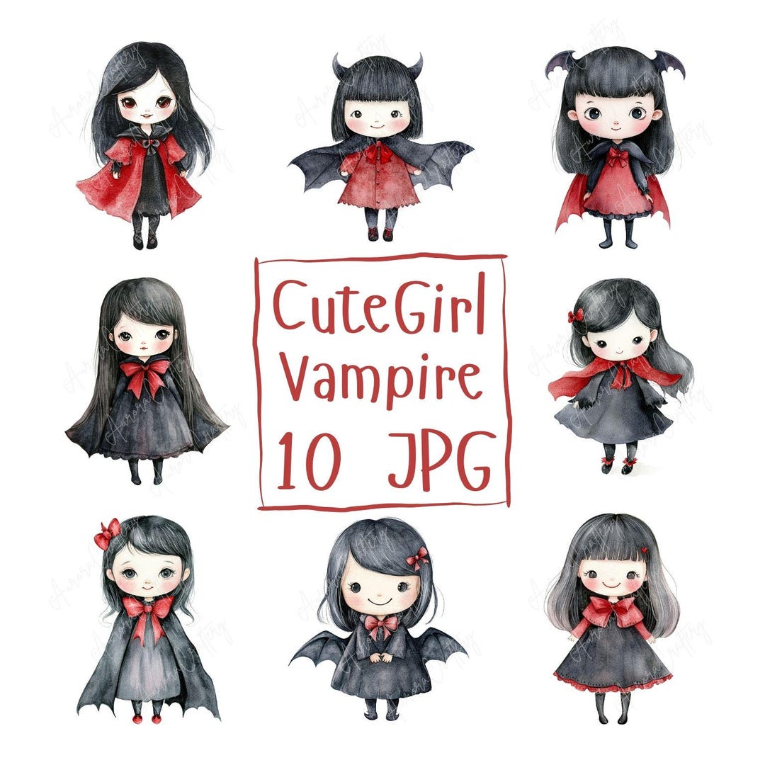 10 Cute Girl Vampire Clipart, Cute Watercolor Vampire, Spooky Vampire ...