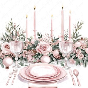6 Pink Winter Festive Table Clipart, Winter Meal Clipart, Candlelight ...