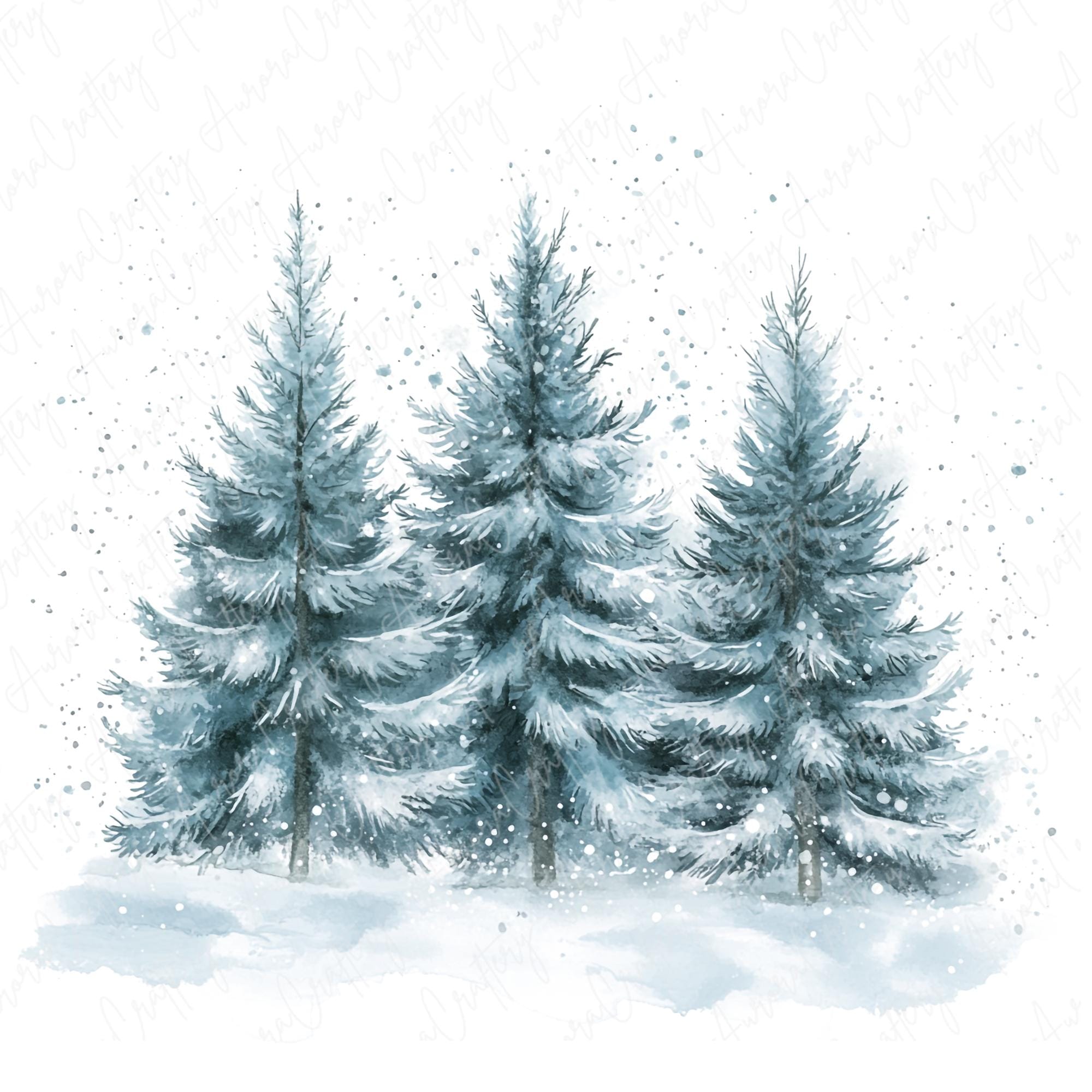 8 Winter Tree Clipart, Snowy Pine Tree, Snow on Trees Landscape, Blue ...