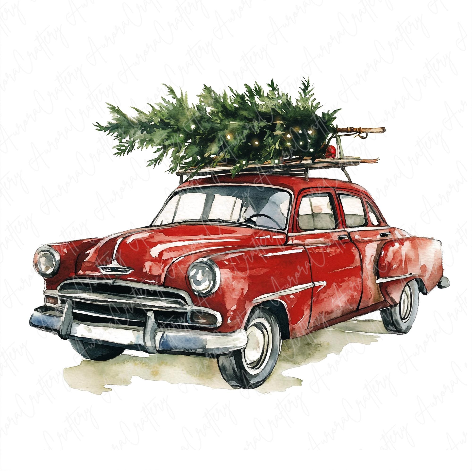 10 Festive Car Clipart, Vintage Cars With Winter Trees, Festive Tree ...