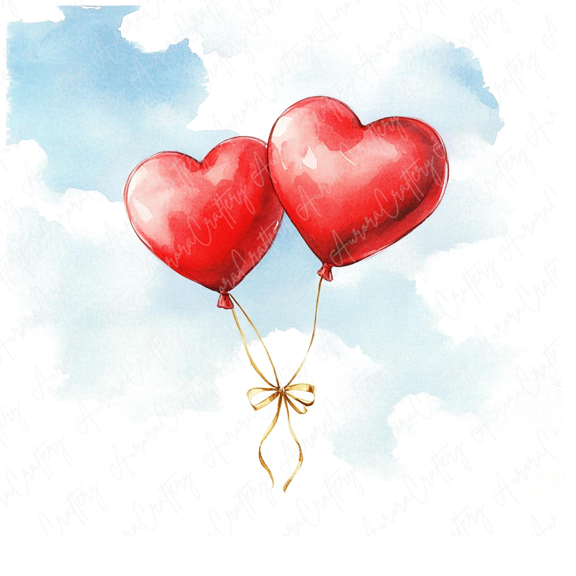 7 Watercolor Valentine Balloon Clipart, Romantic Floating Heart Balloon ...