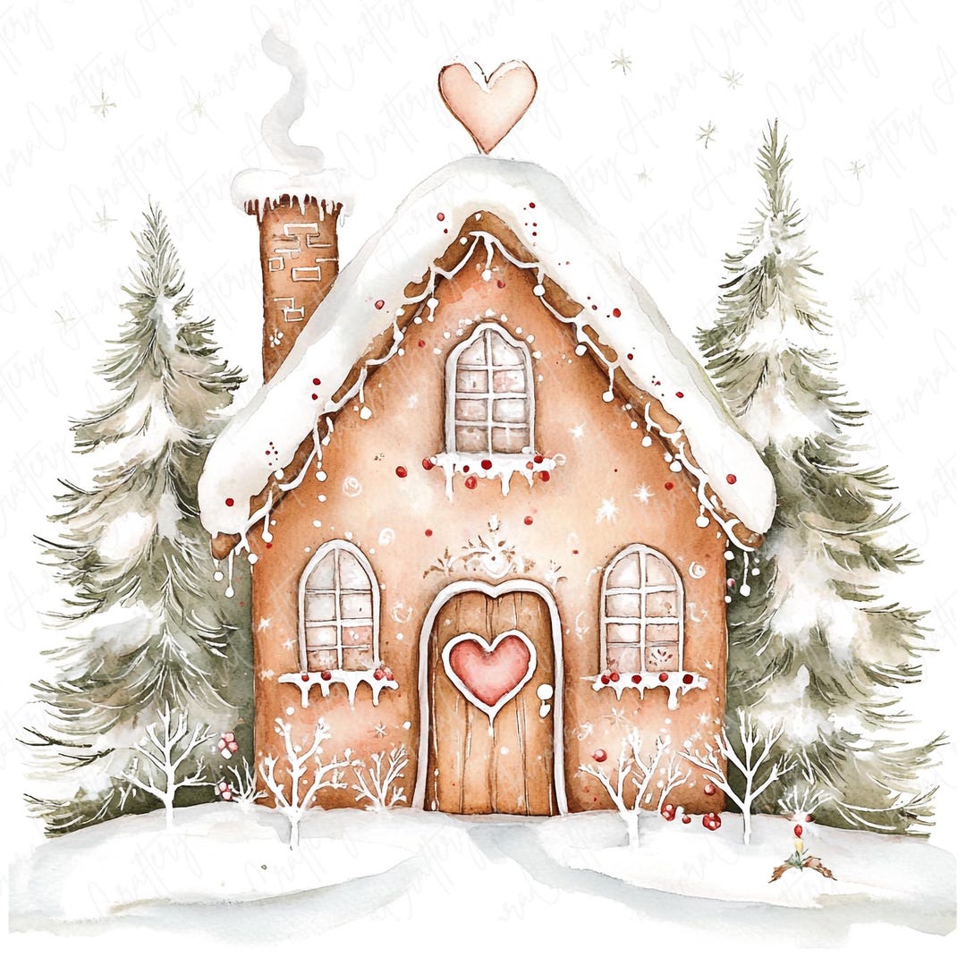 10 Watercolor Gingerbread Winter Houses, Gingerbread Clipart With Snow ...