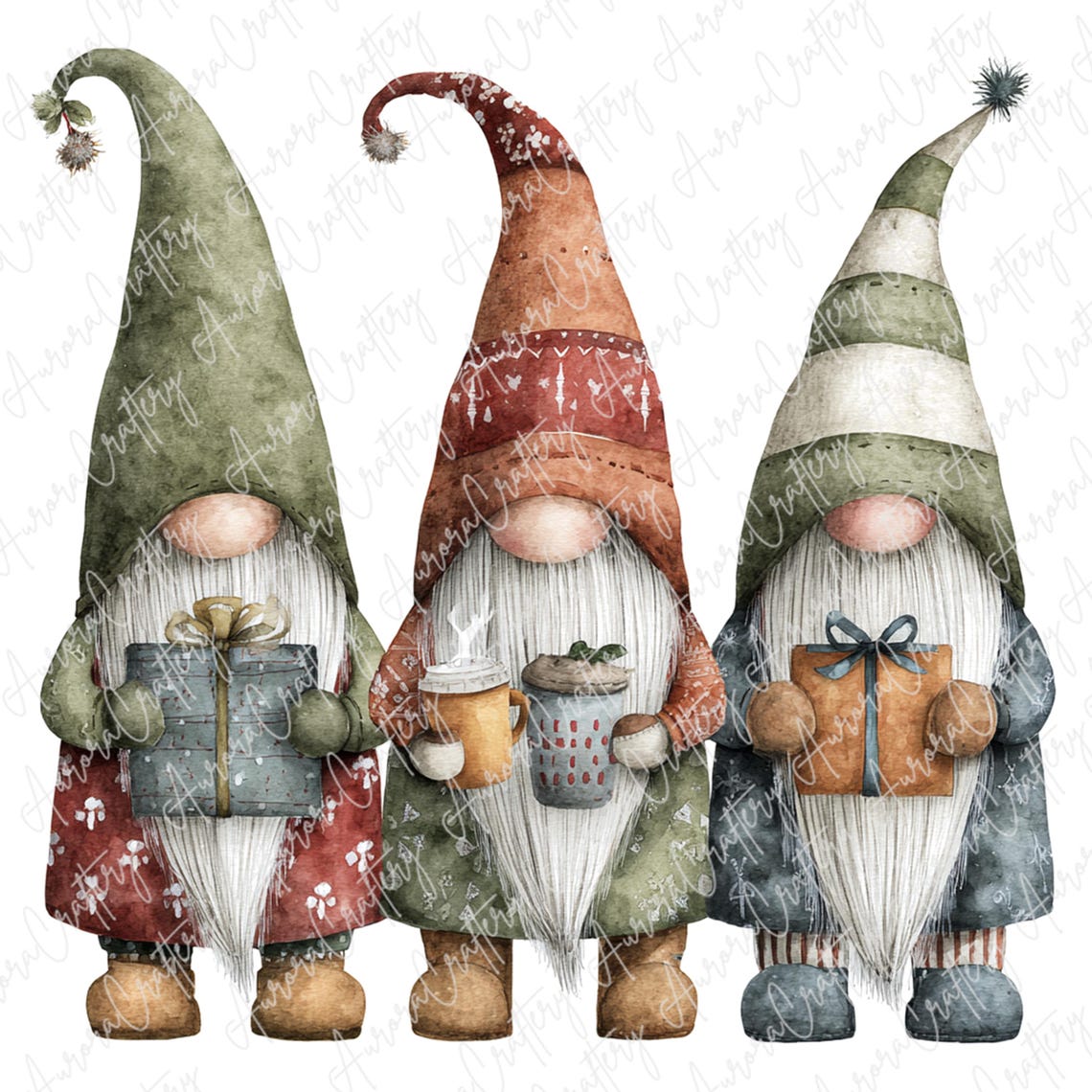 7 Watercolor Winter Gnomes Clipart Set, Festive Gnomes With Gifts JPG ...