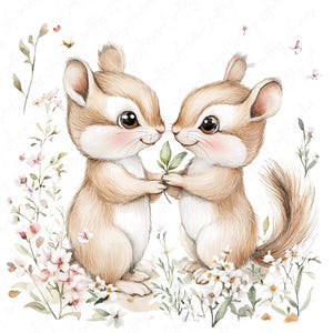 10 Watercolor Chipmunk Clipart, Woodland Chipmunk With Flowers, Forest ...