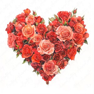 10 Watercolor Rose Heart Clipart, Vibrant Red Roses in Heart Shapes ...