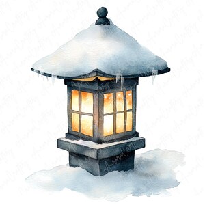 9 Watercolor Snow Lantern Clipart, Festive Japanese Lantern With Snow ...