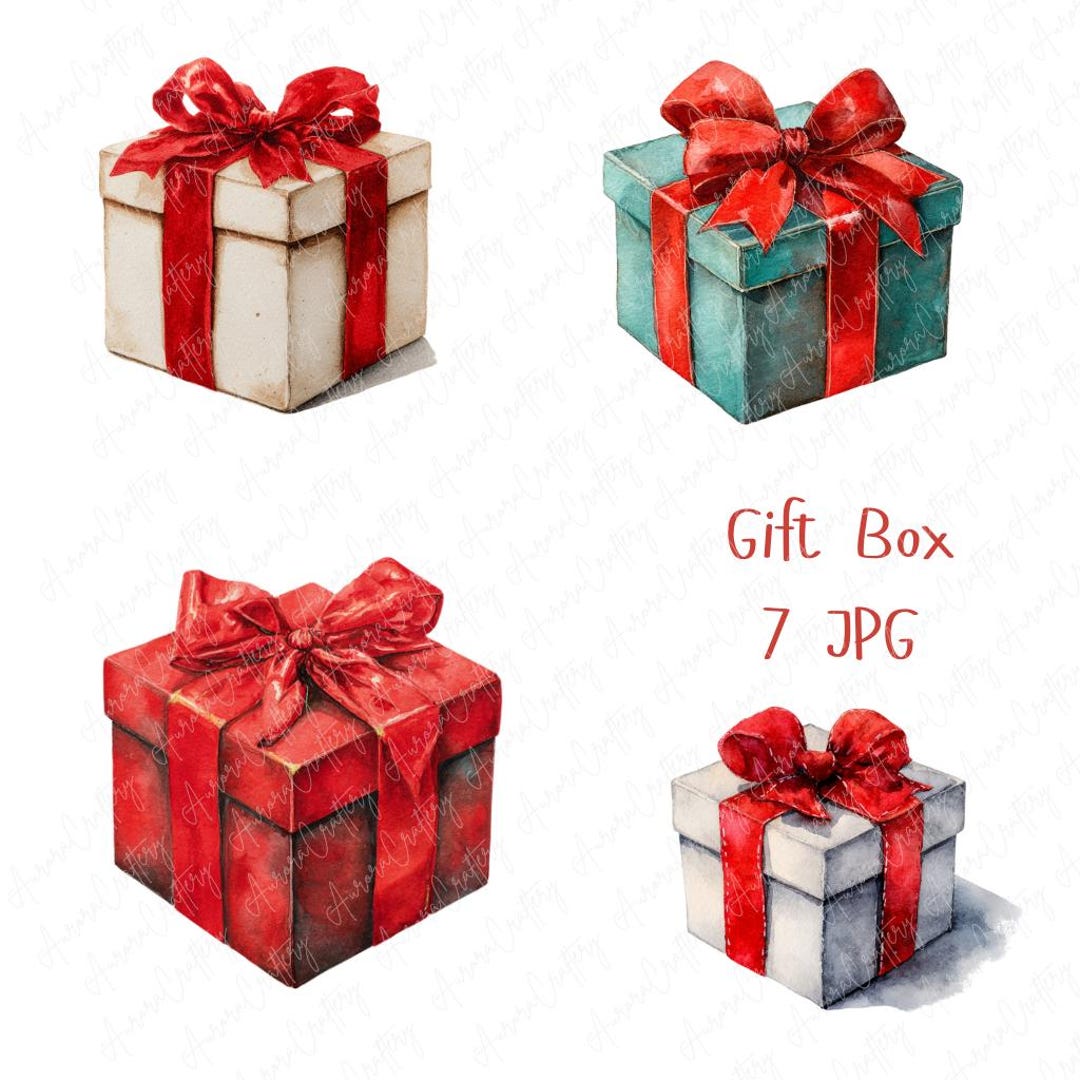7 Watercolor Gift Box Clipart, Present Boxes With Red Ribbons, Holiday ...