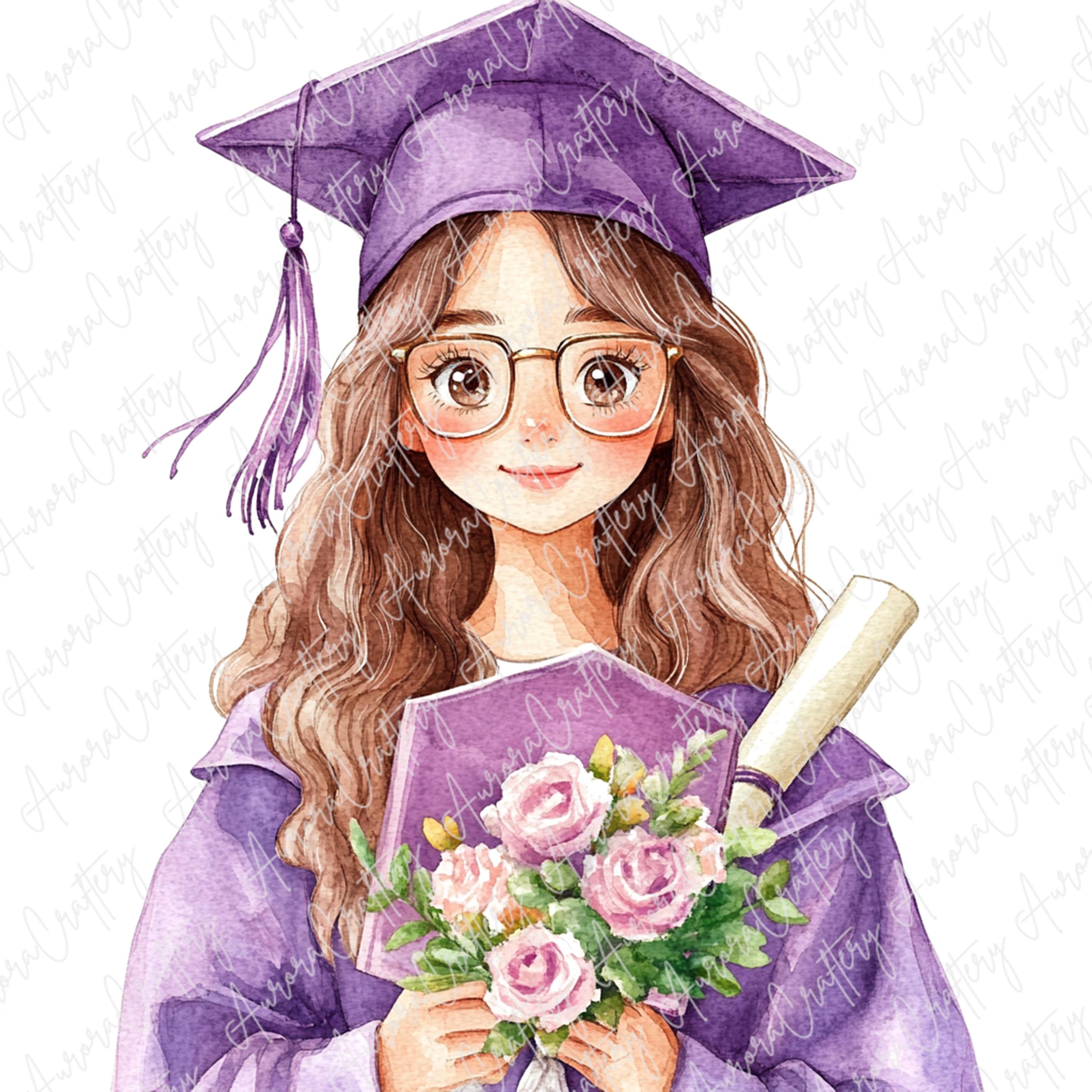 5 Girls in Purple Graduation Gowns, Watercolor Graduation Girl Clipart ...