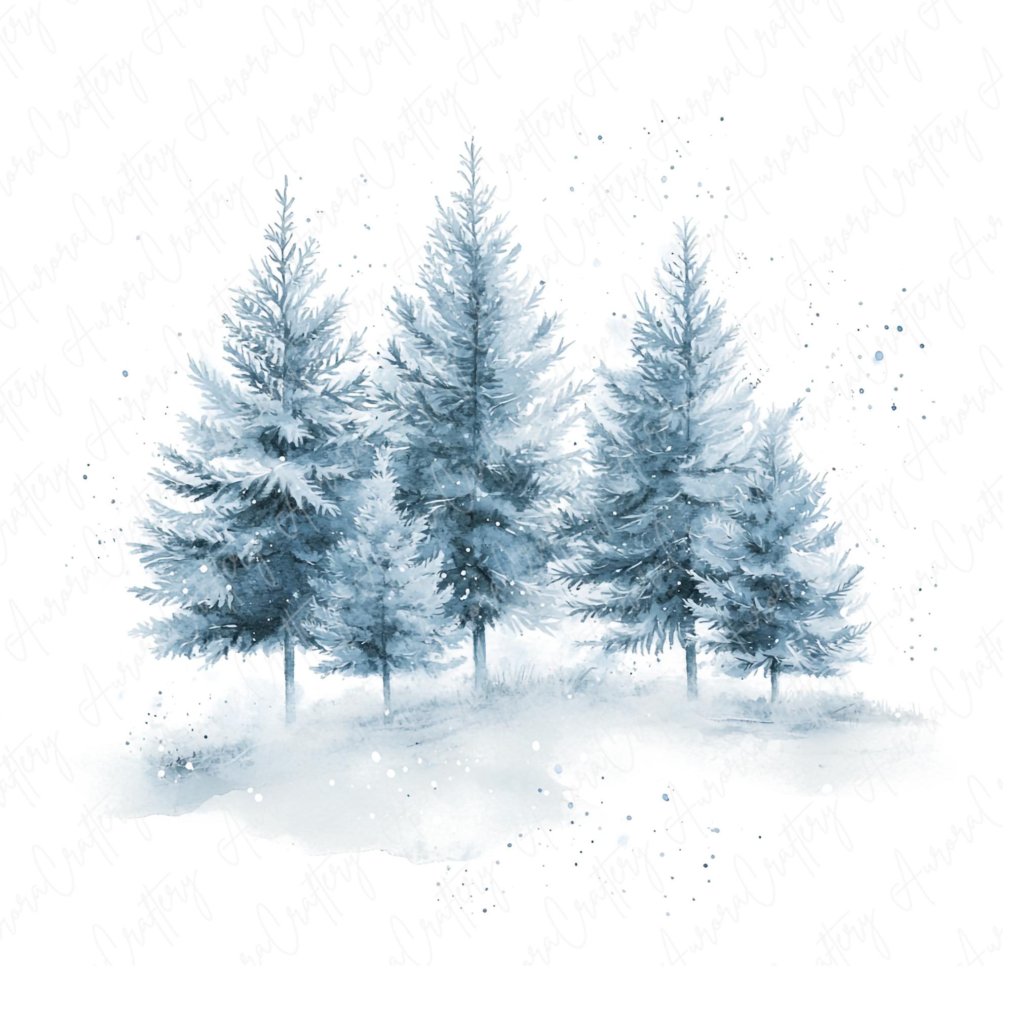 8 Winter Tree Clipart, Snowy Pine Tree, Snow on Trees Landscape, Blue ...