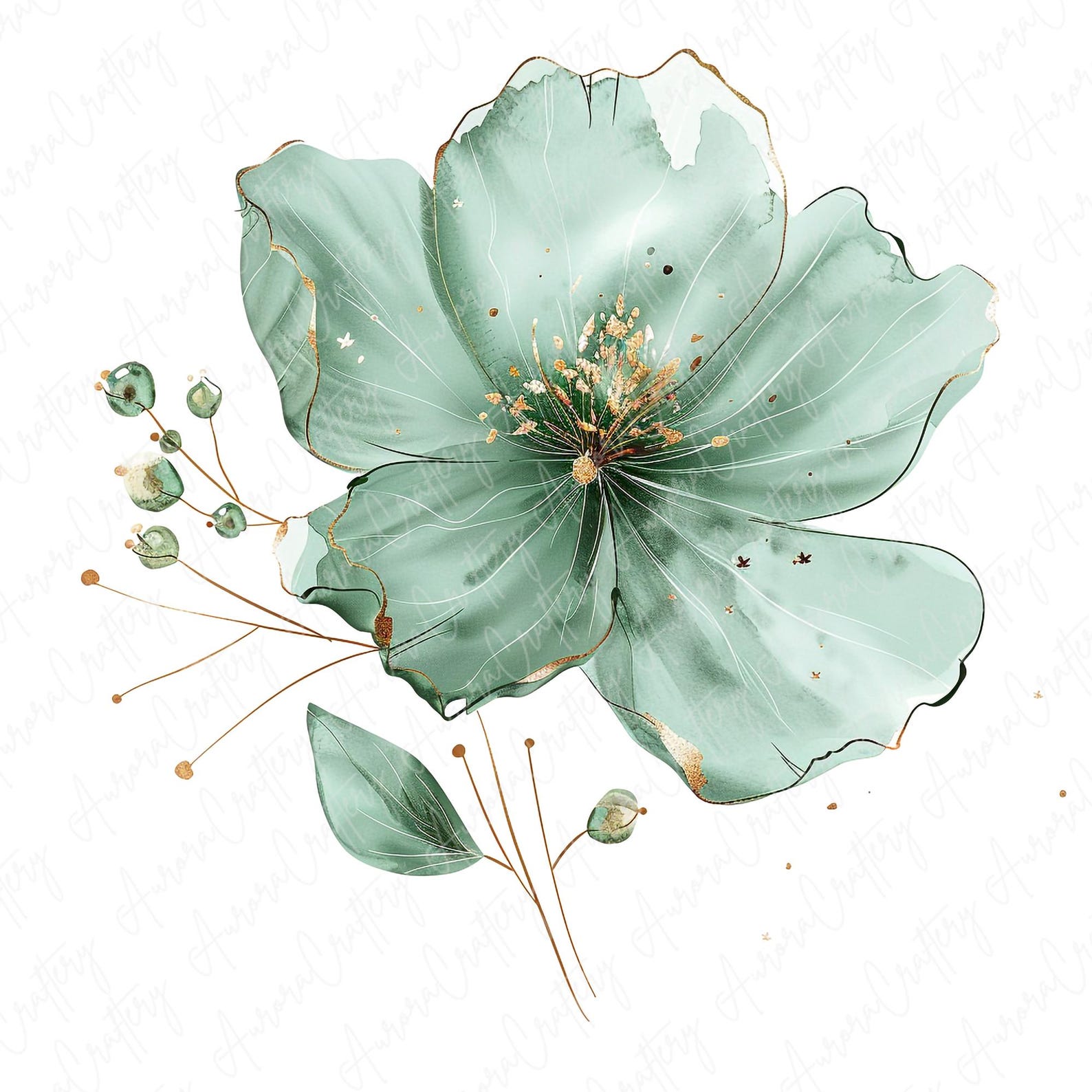 16 Abstract Green Watercolor Floral Clipart Bundle, Mint Green & Gold ...