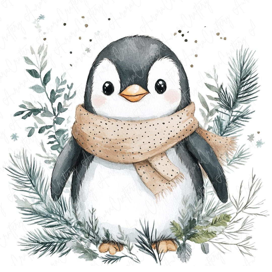 6 Watercolor Winter Penguins Clipart, Cozy Penguins With Scarves and ...