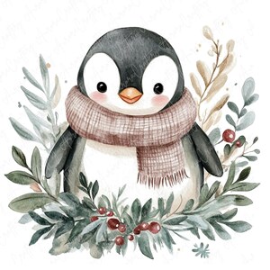 6 Watercolor Winter Penguins Clipart, Cozy Penguins With Scarves and ...
