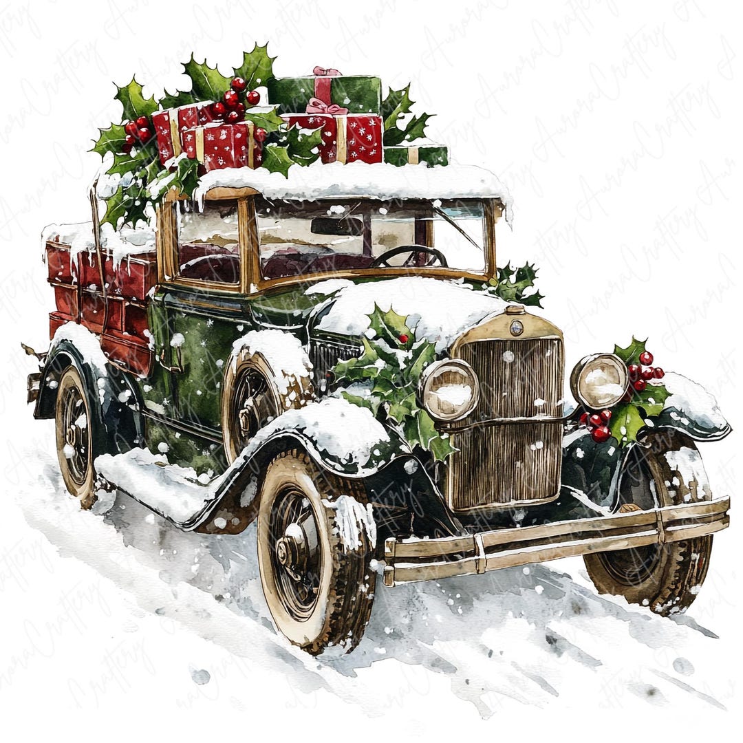 9 Watercolor Festive Trucks Clipart, Winter Truck With Gifts, Festive ...