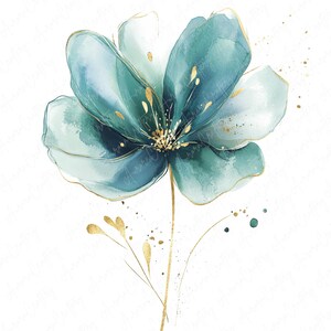 8 Abstract Blue and Gold Floral Clipart, Watercolor Flower Clipart Gold ...