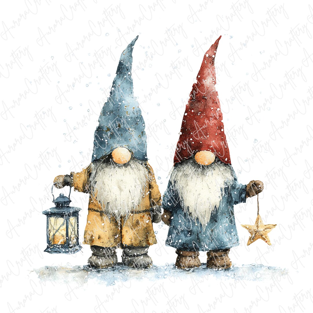 7 Aquarell Winter Zwerge Clipart, Festliches Gnom Paar mit Laterne und ...