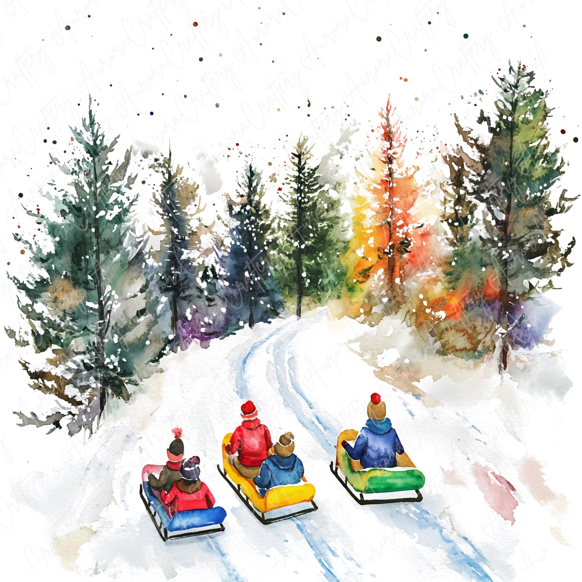 8 Watercolor Winter Sledding Clipart, Festive Snow Clipart, Winter ...