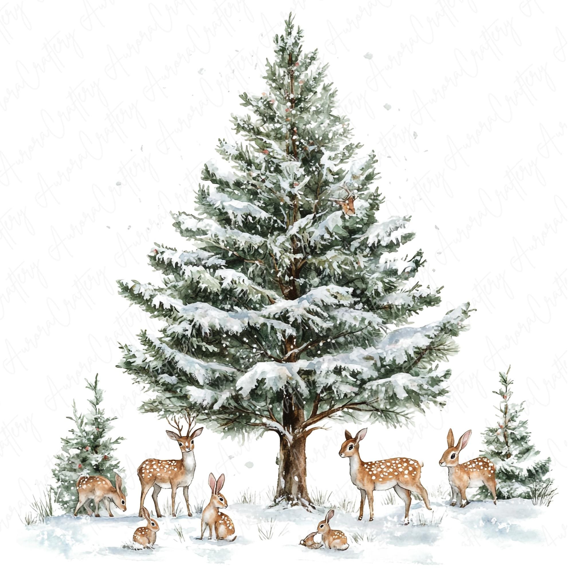 8 Watercolor Woodland Animals Under Snowy Pine Trees, Festive Winter ...