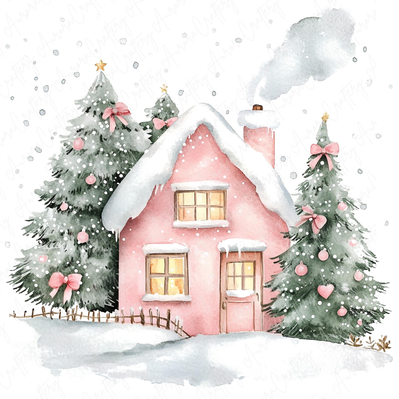 8 Watercolor Pink Winter Cottage Clipart, Snowy Winter Home Clipart ...