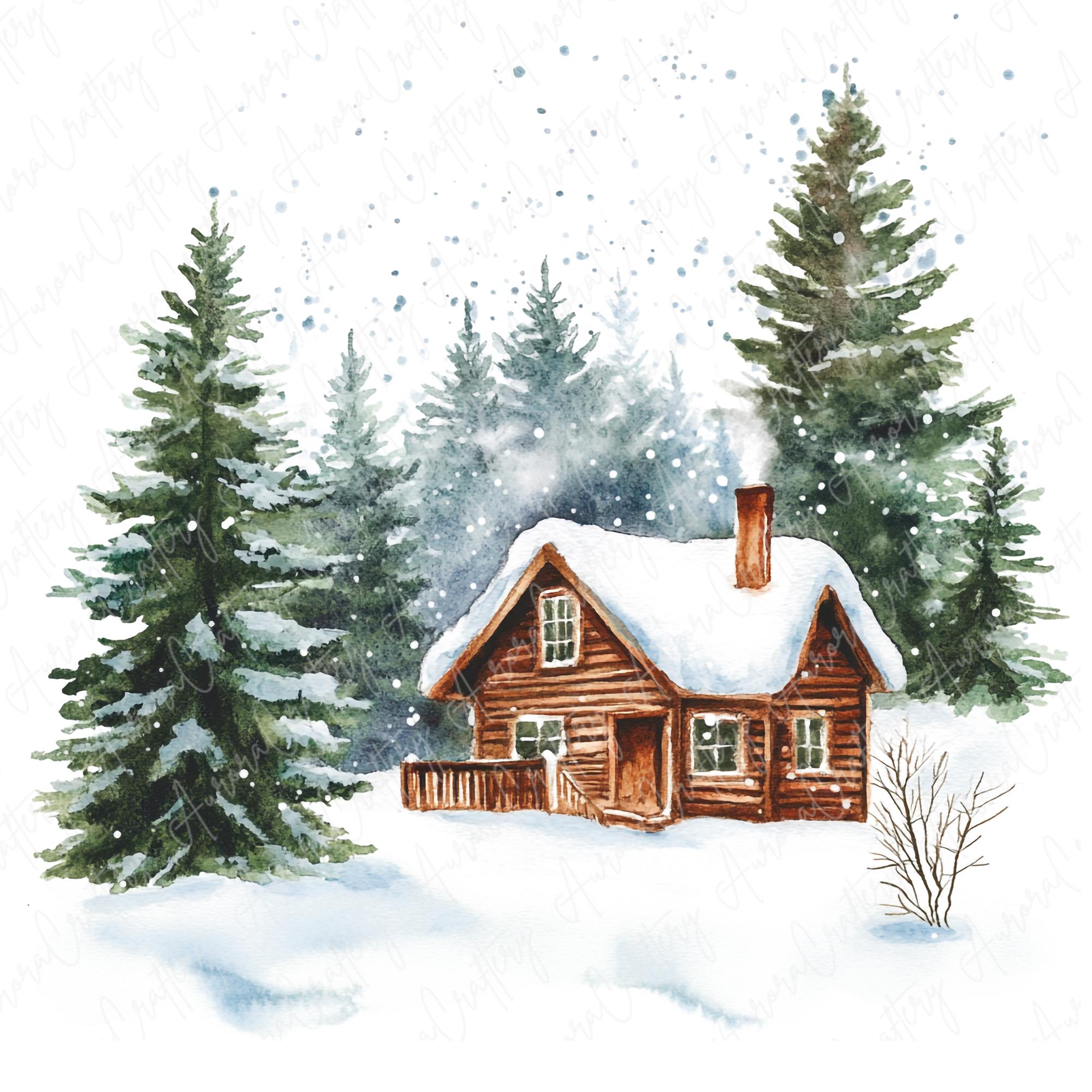 10 Watercolor Winter Cabin Clipart, Snowy Forest Cottages With Pine ...