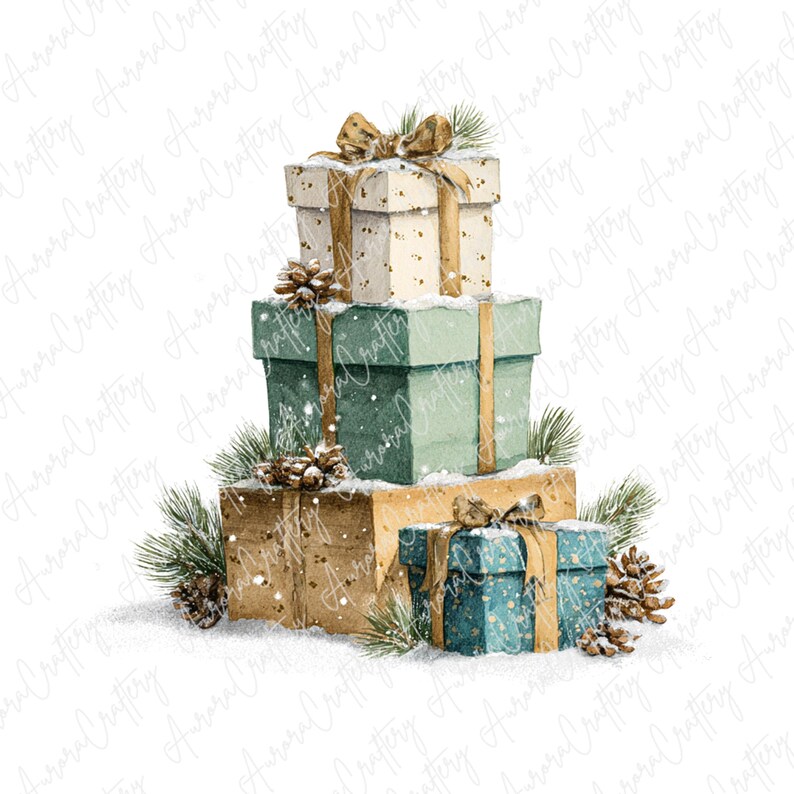 8 Watercolor Snowy Gift Boxes Clipart, Rustic Winter Presents With Pine ...
