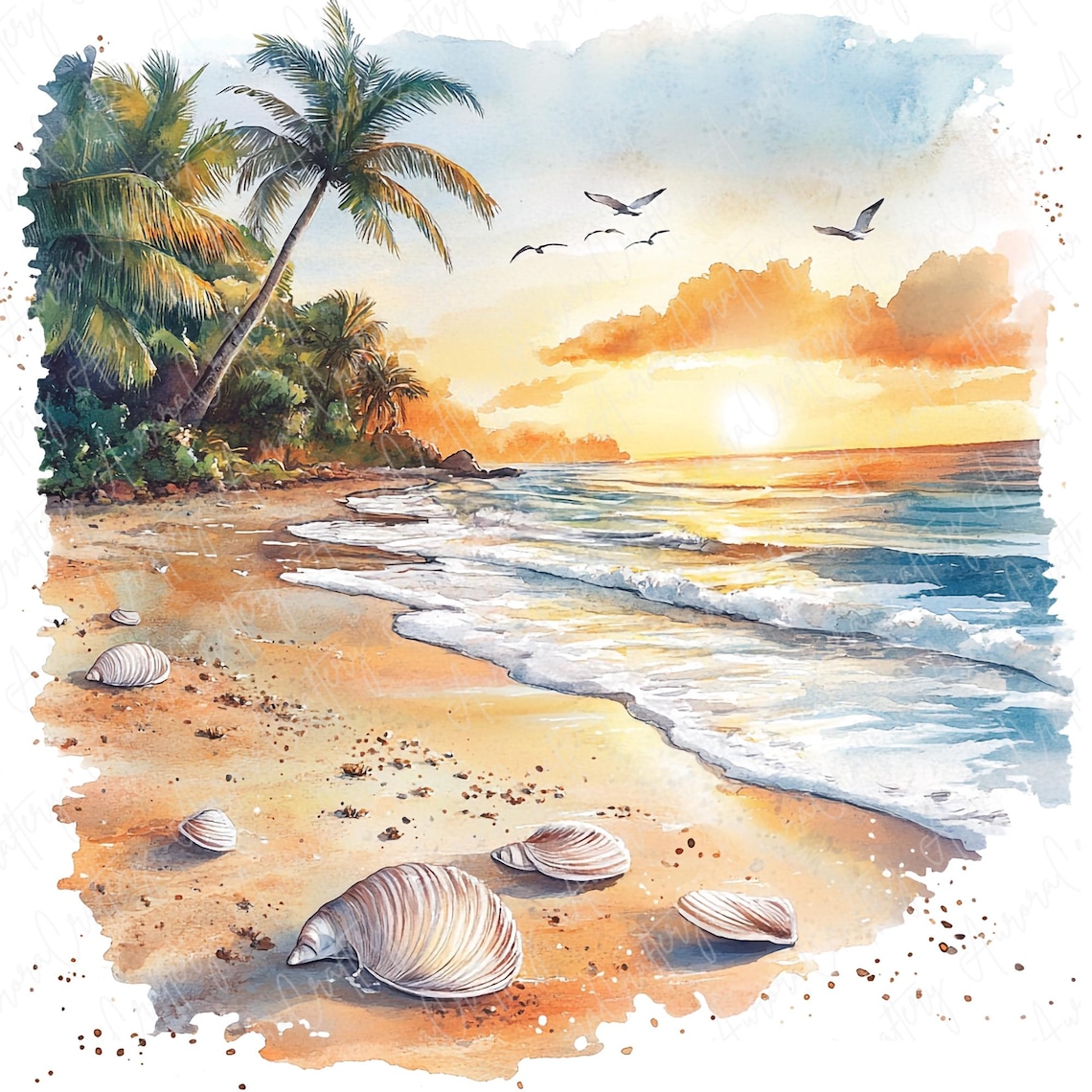 18 Watercolor Beach Sunset Clipart | Tropical Scenes, Palm Trees, Ocean ...