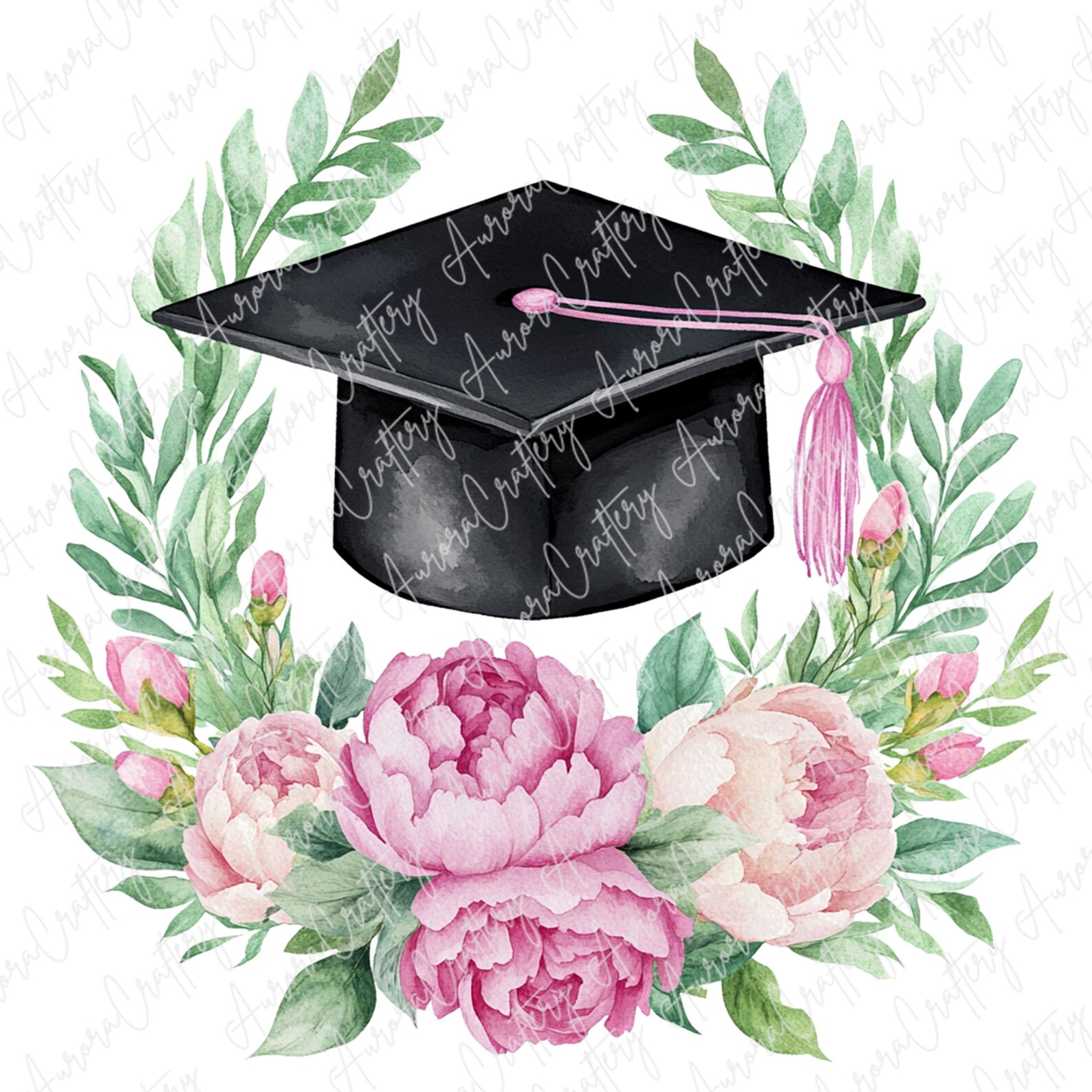 6 Graduation Cap With Pink Flower Clipart, Floral Grad Hats With Roses ...