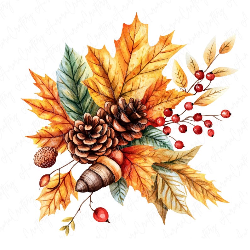 8 Watercolor Fall Leaves and Acorn Bouquet Clipart, Autumn Foliage ...