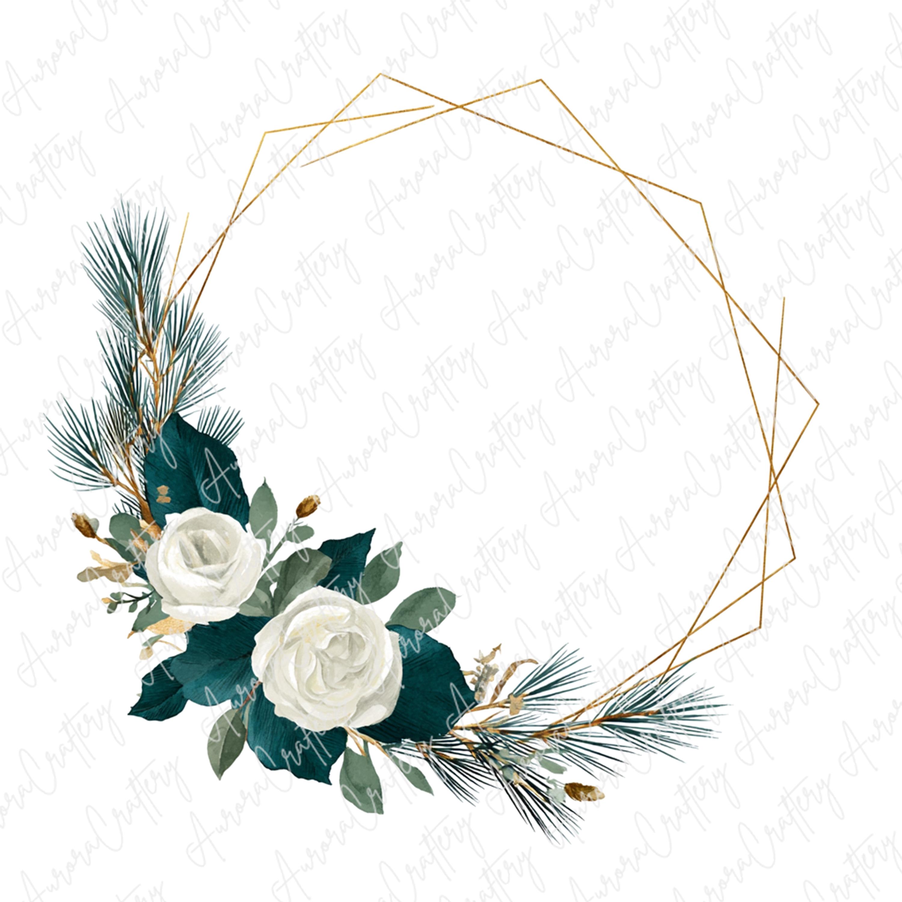 8 Watercolor Geometric Frame Clipart , Gold Wreath With White Roses ...