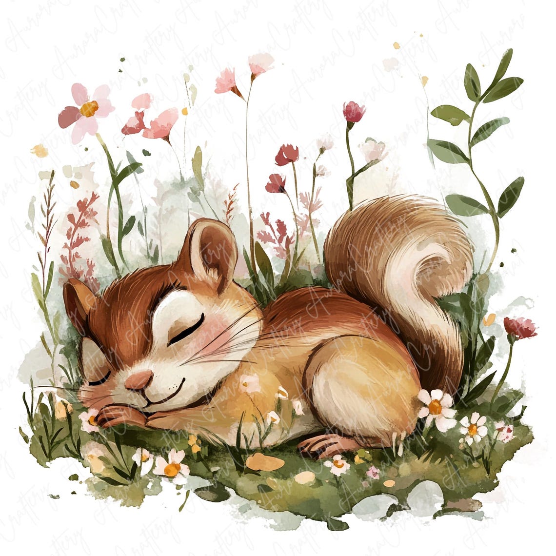 11 Watercolor Chipmunk Clipart P2, Woodland Chipmunk With Flowers, Cute ...