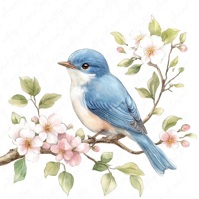 13 Watercolor Bluebird Clipart, Spring Blue Bird Clipart, Floral Bird ...