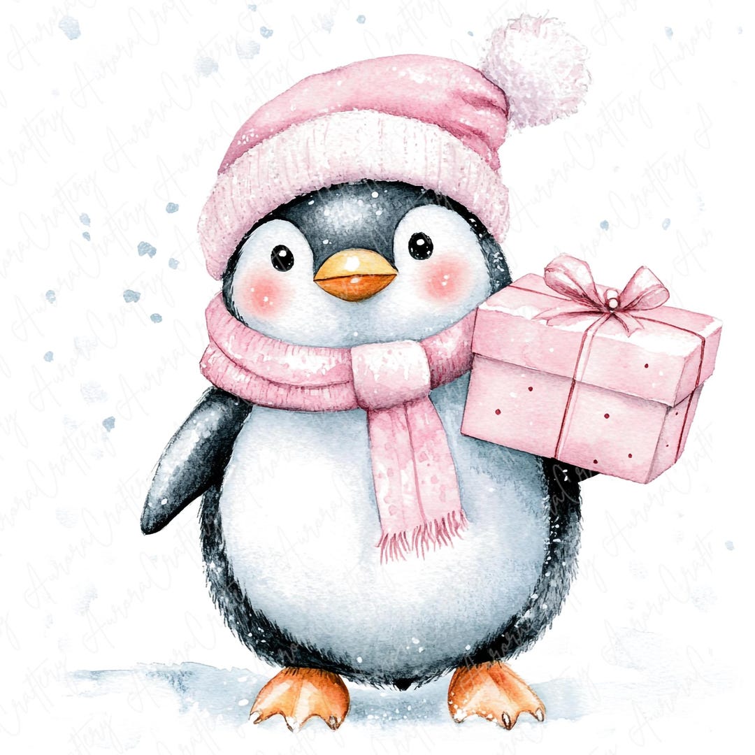 5 Festive Winter Penguin Clipart, Cute Penguins Holding Gifts, Pink ...