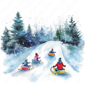 8 Watercolor Winter Sledding Clipart, Festive Snow Clipart, Winter ...