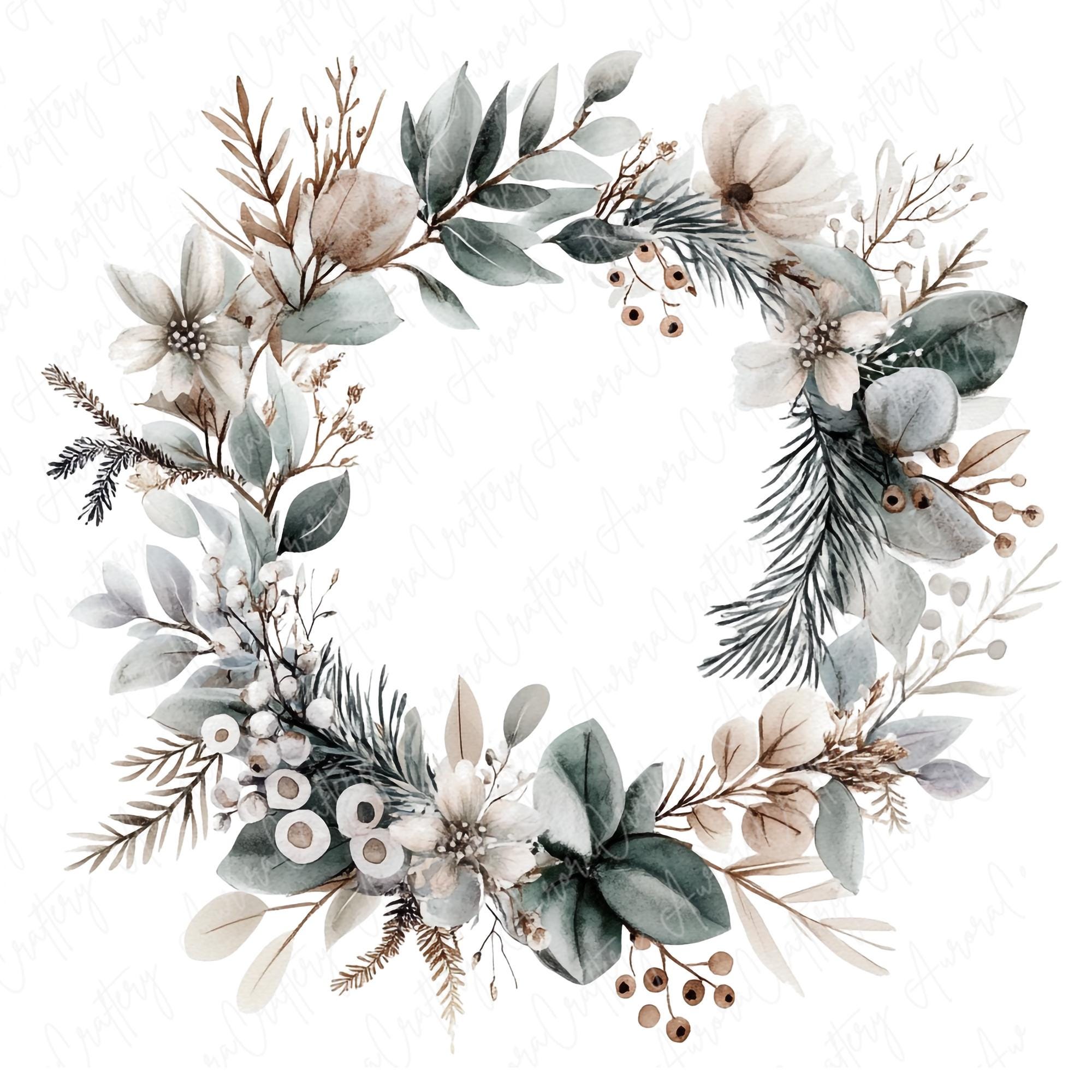 8 Watercolor Winter Wreath Clipart, Neutral Festive Floral Wreaths ...