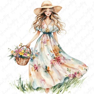 8 Summer Women Clipart Bundle, Girls in Dresses Holding Flowers, Spring ...