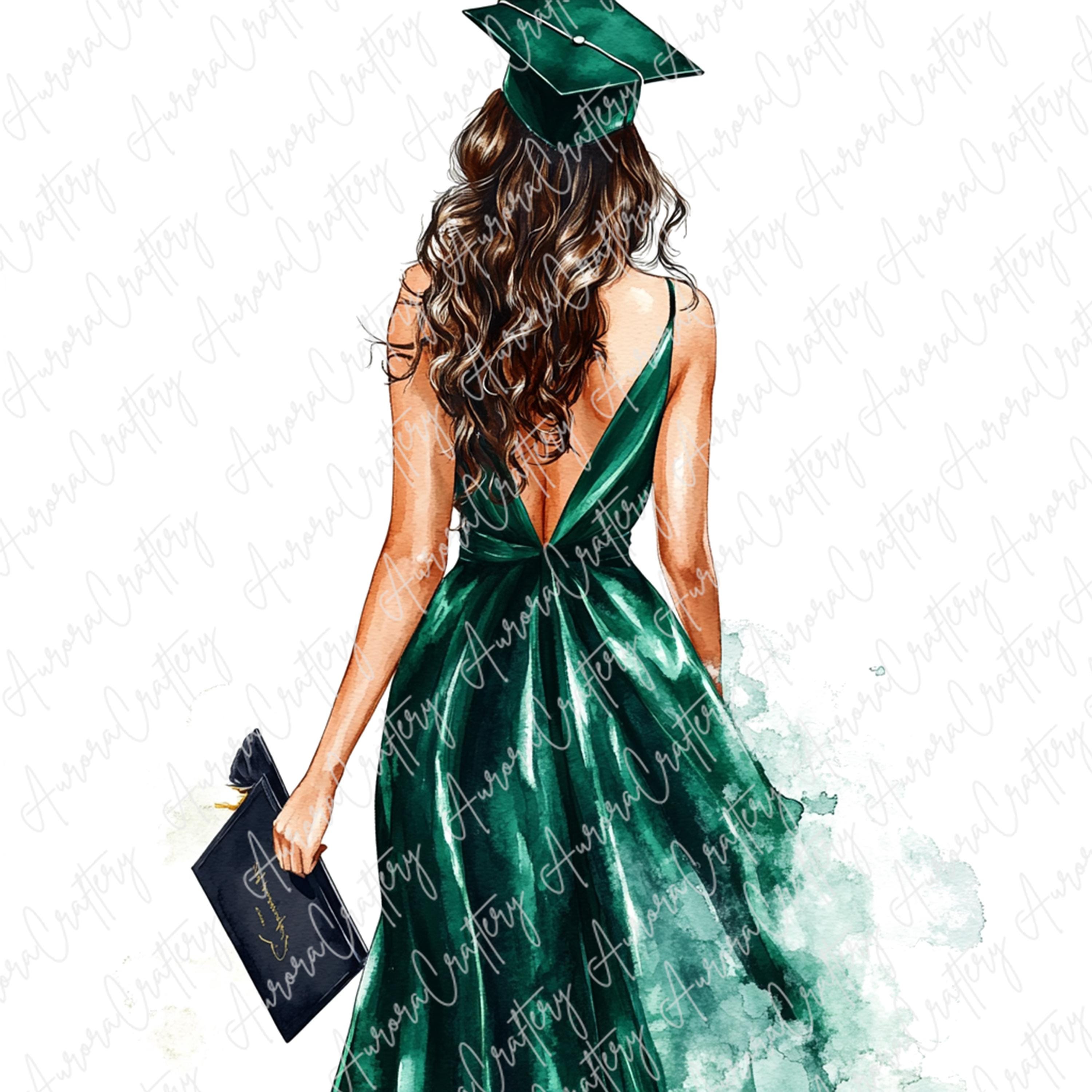 4 Watercolor Green Graduation Girl Clipart, Flowing Graduation Dress ...