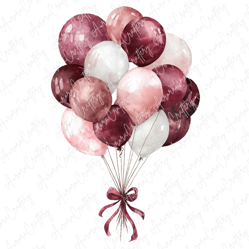 8 Watercolor Balloon Clipart JPG, Burgundy and Pink Balloons With Bows ...