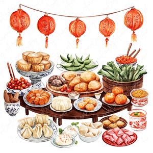 8 Chinese New Year Feast Clipart, Festive Traditional Dishes, Lunar New ...