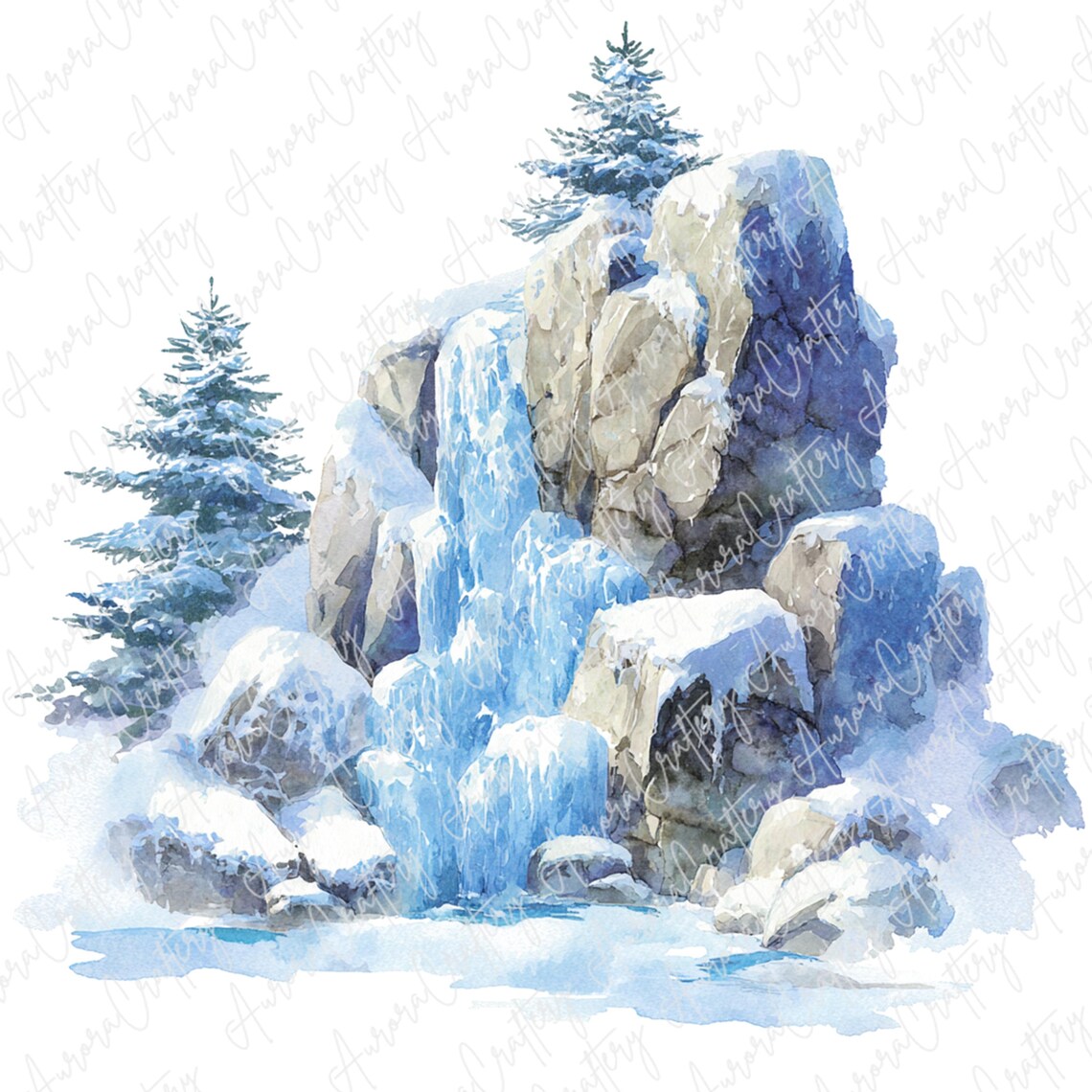 8 Watercolor Frozen Waterfall Clipart, Snowy Mountain Scene With Pines ...