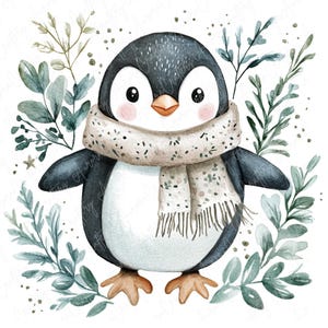 6 Watercolor Winter Penguins Clipart, Cozy Penguins With Scarves and ...