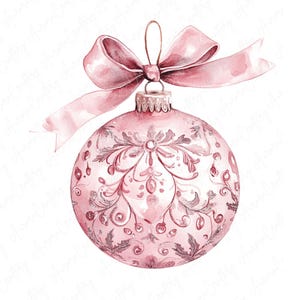 8 Watercolor Pink Ornaments Clipart, Festive Bauble Clipart With Bows ...