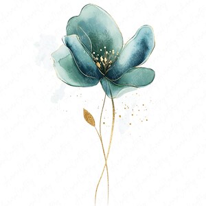 8 Abstract Blue and Gold Floral Clipart, Watercolor Flower Clipart Gold ...