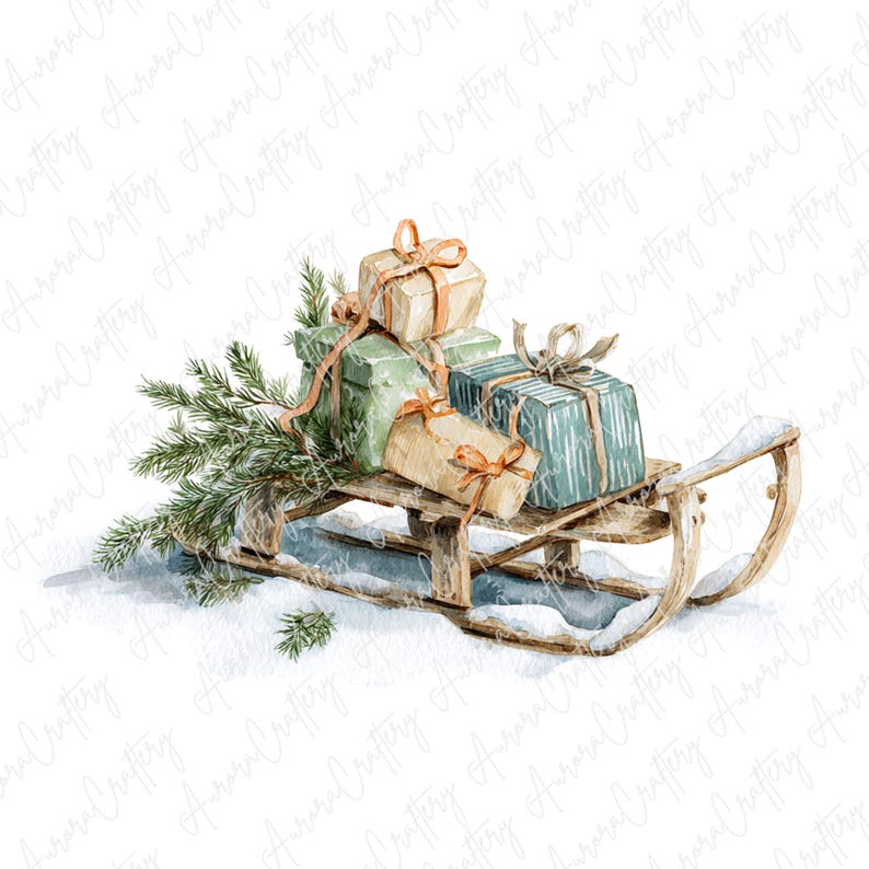 7 Watercolor Winter Sled Clipart, Wooden Sleigh With Gifts and Pine ...