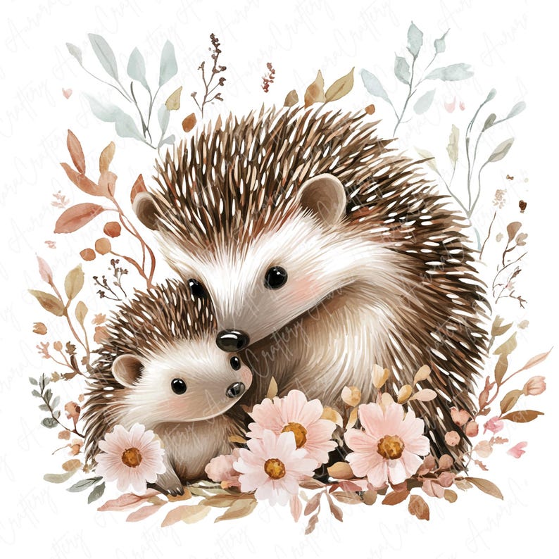 10 Watercolor Hedgehog Clipart, Woodland Hedgehog Family Flowers, Cute ...