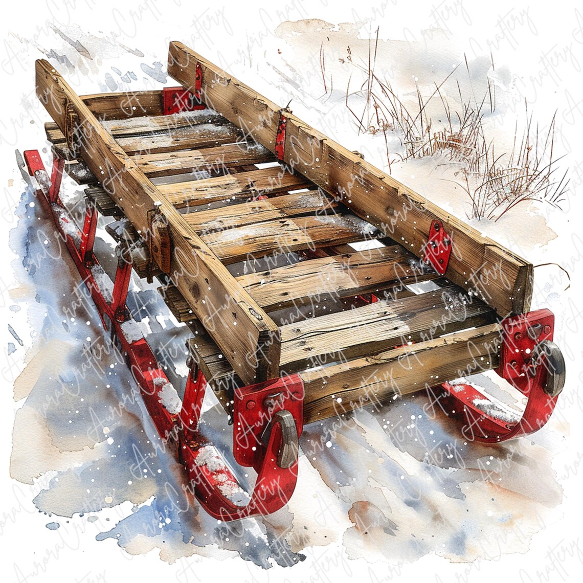 6 Watercolor Wooden Sled Clipart, Rustic Vintage Snow Sleigh in Forest ...