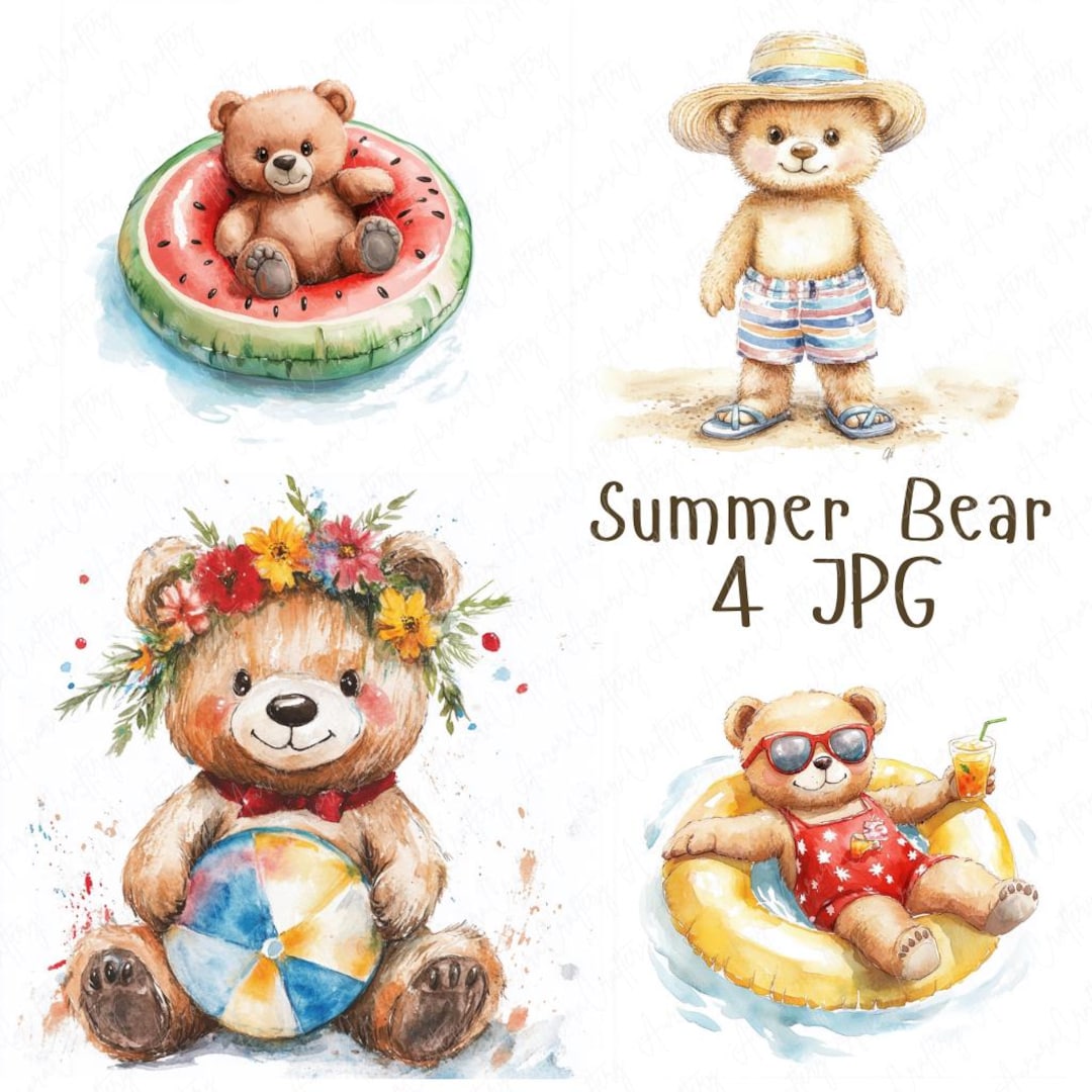 4 Watercolor Summer Bear Clipart, Bears in Pool Floats and Beach Scenes ...